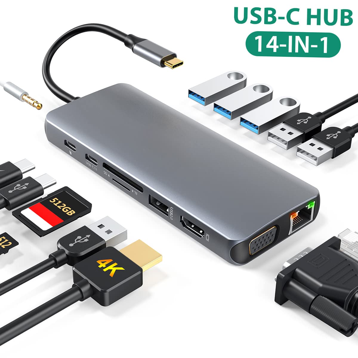 14-in-1 USB C hub 4K USB C to HDMI VGA Gigabit Ethernet 100W PD SD/TF Card Reader Type-C Data Transmission 3 USB 3.0 / 3 USB 2.0 3.5 mm Audio for USB C Docking Station for Type-c laptops