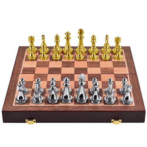 Agirlgle Metal Chess Set for Adults and Kids β Deluxe Chess Board with Chess Pieces β Travel Wooden Chess Set with Metal Pieces β Folding Chessboard β Ideal for Beginners and Professional Players