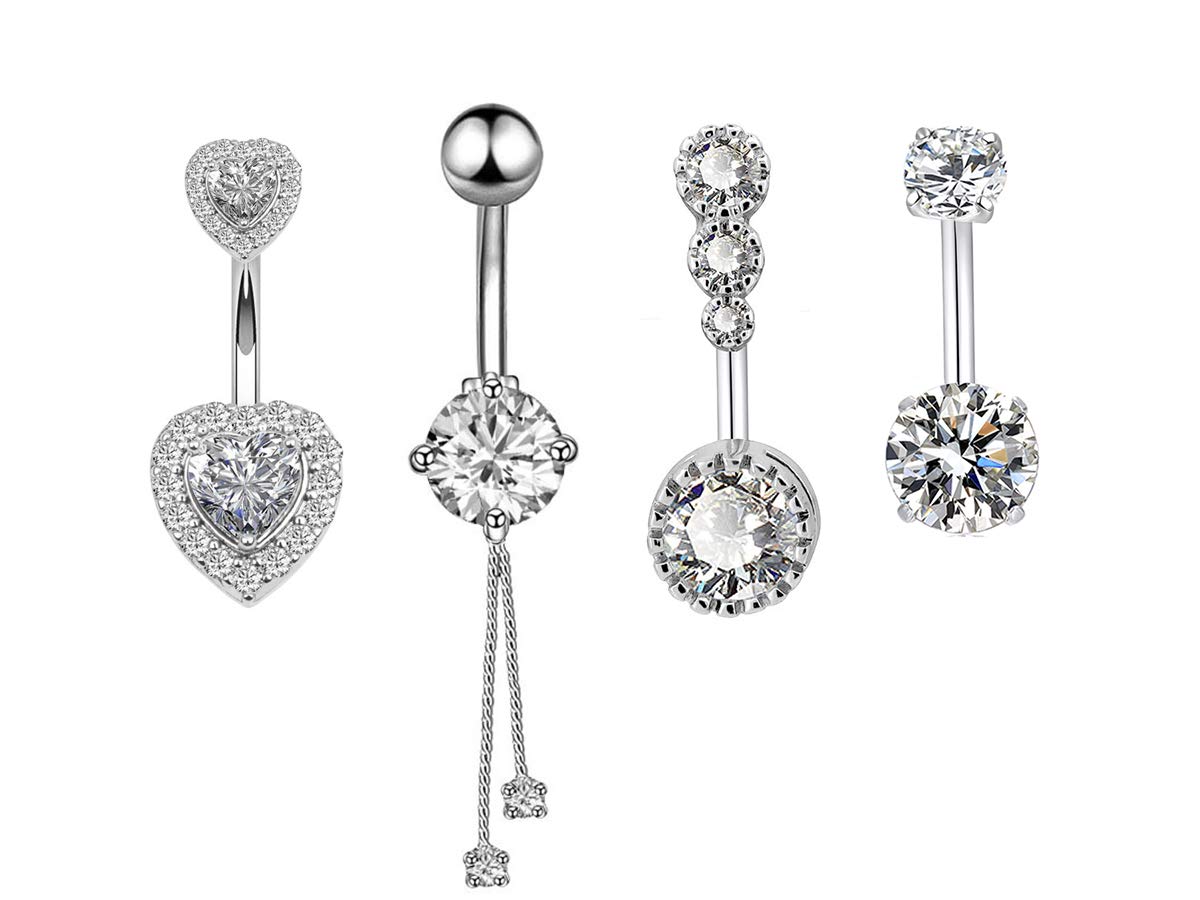 14G Surgical Steel Belly Button Rings Round Love Heart Clear CZ Navel Curved Barbell Studs Sexy Body Piercing (4PCS - Steel)