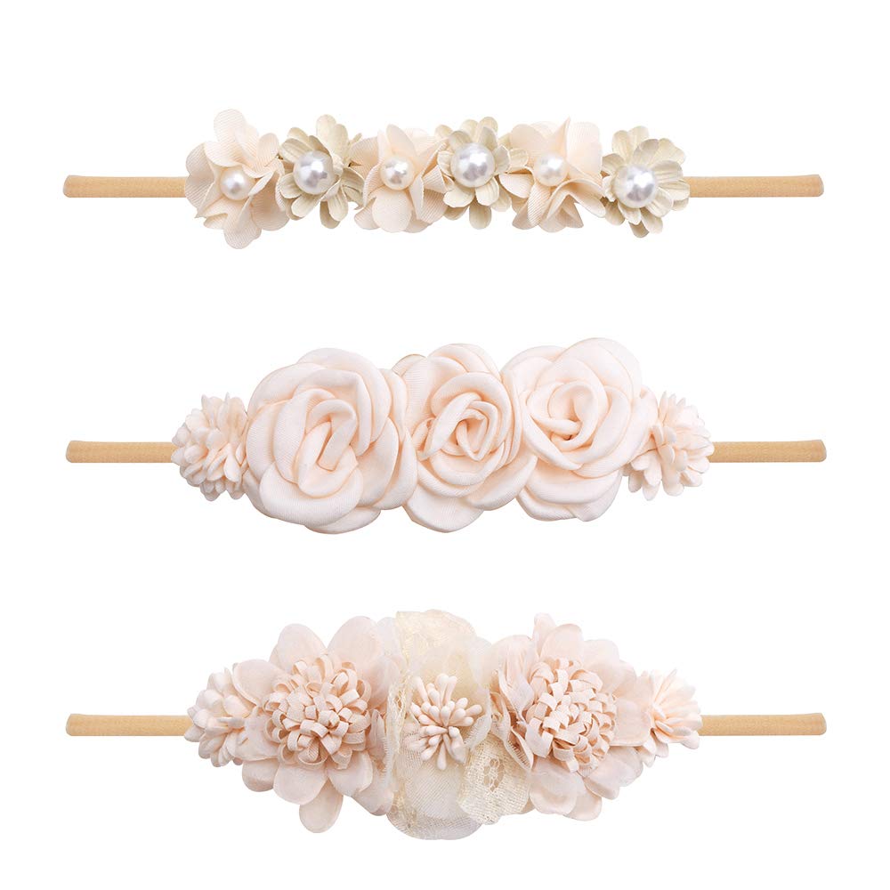 mligril Baby Girl Nylon Headbands Flower Hair Bows Accessories-Elastic Hair Band Crown Handmade FLoral Wraps Birthday Gifts for Girls Newborn Infant Toddler 3Pcs