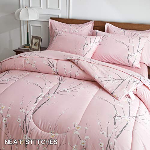 AIKASY Bed in a Bag 6 Pieces Twin Size - Floral Print - Soft Microfiber, Reversible Bed Comforter Set (1 Comforter, 2 Pillow Shams, 1 Flat Sheet, 1 Fitted Sheet, 1 Pillowcases)(Pink, Twin)