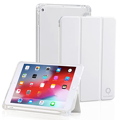 FixCracked case for ipad Mini 4/ipad Mini 5, with Pencil Holder, Ultra-Thin Built-in Silicone TPU Soft Shell Protective Cover, with Smart Wake/Sleep Function (White)