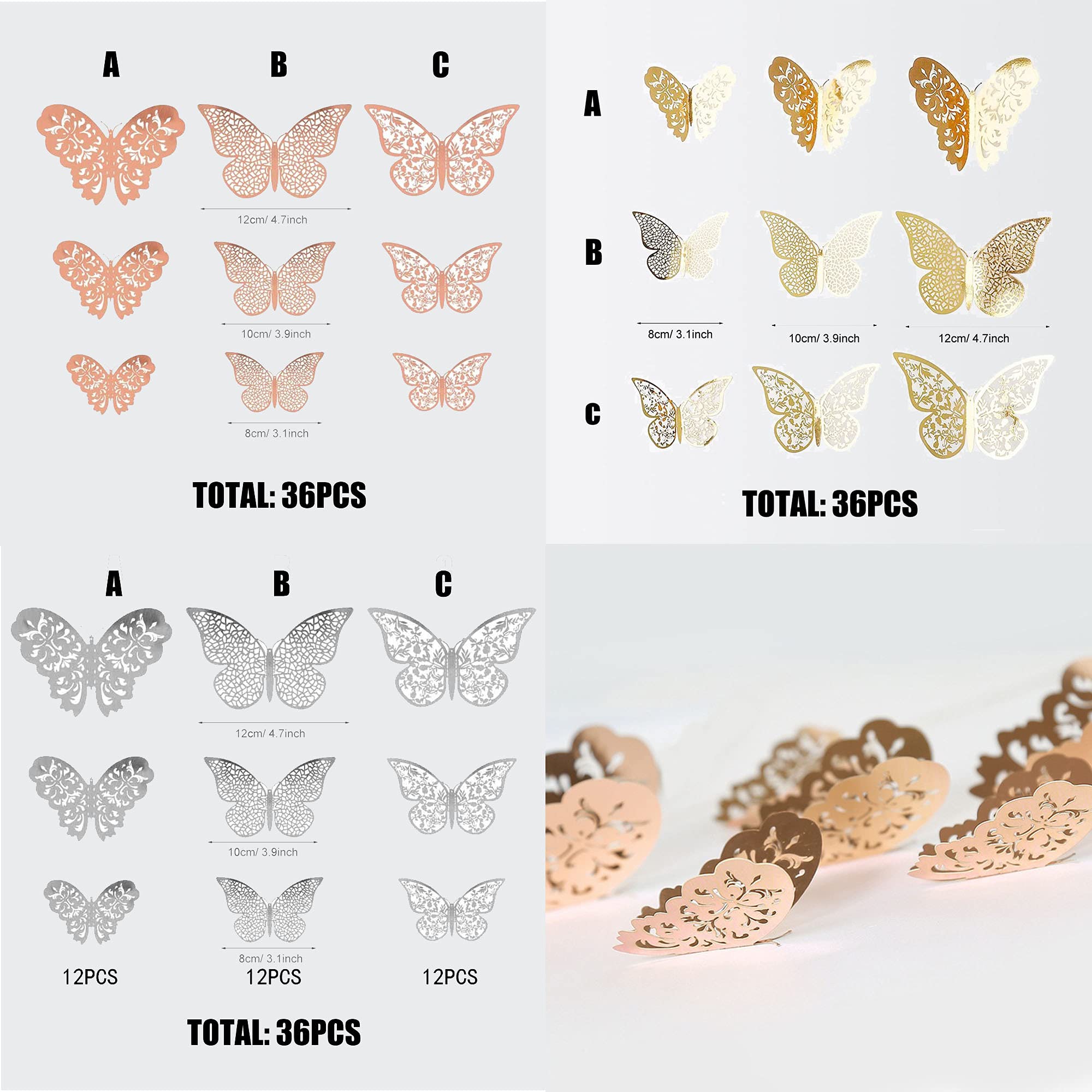 Seasonsky 108PCS 3D Butterfly Wall Stickers Wall Decal Decor Art Decorations Sticker Removable Hollow Butterfly 3 Sizes for Room Home Classroom Offices Bedroom Decor