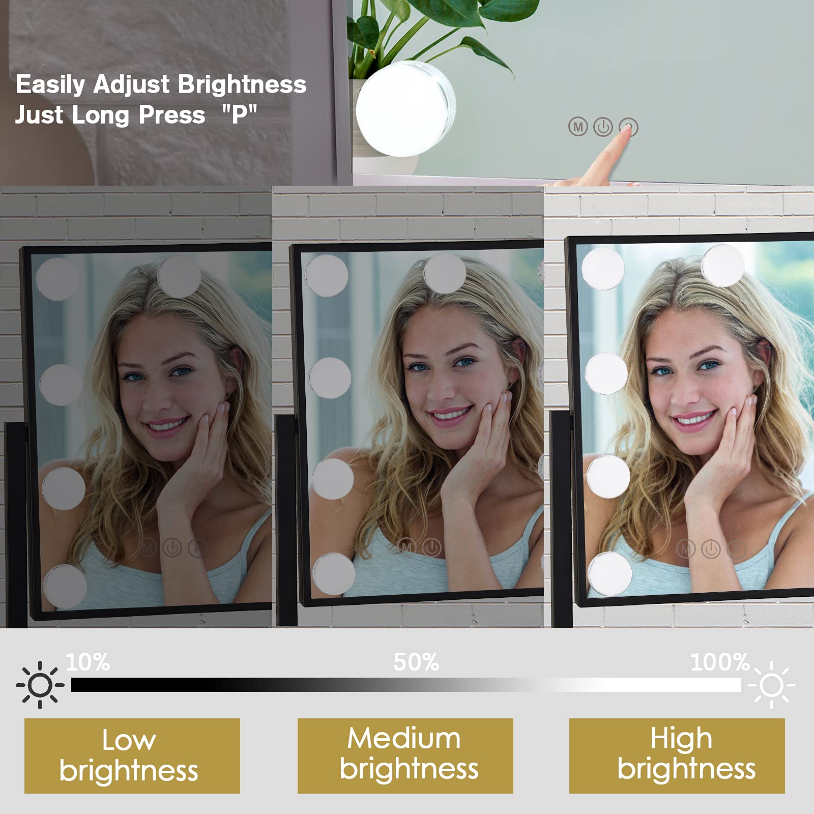 BWLLNI Lighted Makeup Mirror Hollywood Mirror Vanity Mirror with Lights, Touch Control Design 3 Colors Dimable LED Bulbs, Detachable 10X Magnification, 360°Rotation, Black.