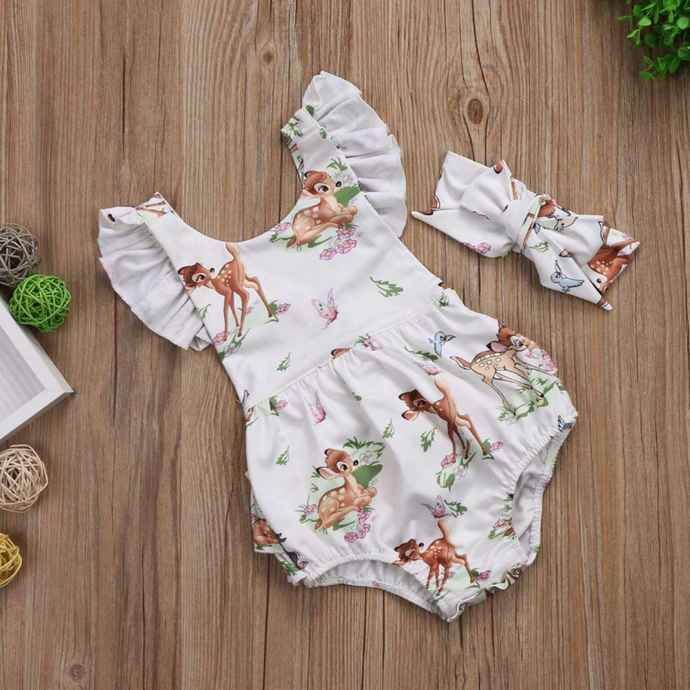Newborn Toddler Infant Baby Girls Clothes Christmas Bambi Deer Romper+Headband Ruffle Flutter Sleeve Bodysuit Backless Sunsuit Birthday Playsuit 2pcs Outfit Set White 0-6 Months