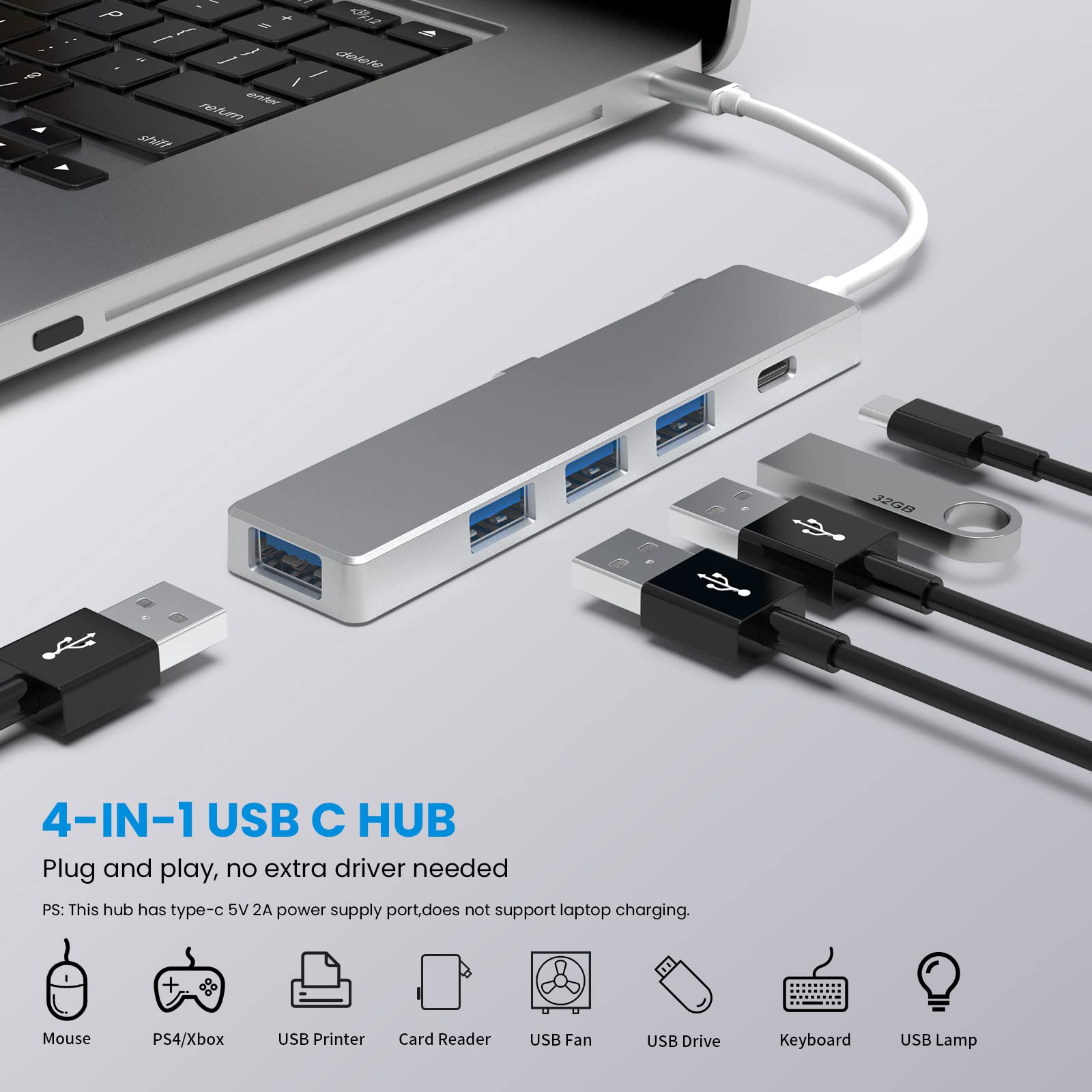 3.0 USB C Hub, Slim Aluminium Alloy High-Speed External USB Port with USB-C to USB Adapter, USB Extender Splitter Compatible with Computer, Mac, PCs, Smartphone, and Tablet