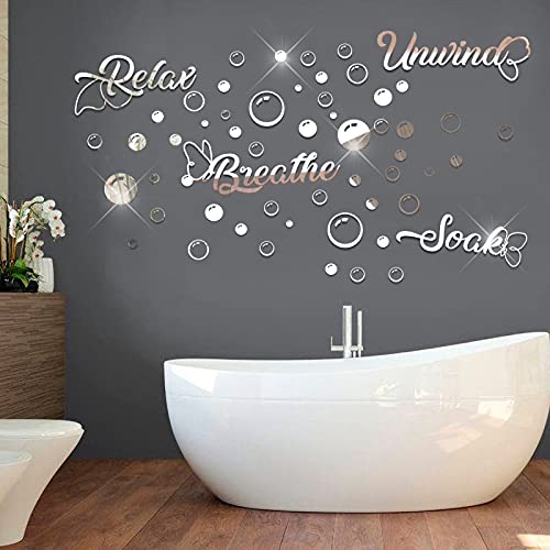 60 Pieces 3D Acrylic Mirror Wall Stickers Decor, Bathroom DIY Removable Mirror Wall Decals Sticker Decor Circle Bubbles for Bathroom Bedroom Living Room Home Decoration (Silver)
