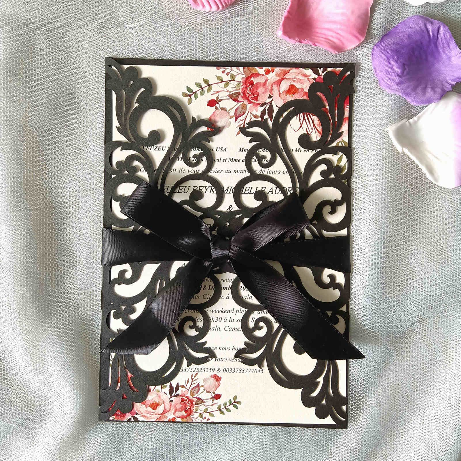 25PCS Laser Cut Wedding Invitations Cards with Envelopes,Blank Inner Sheets,Ribbons for Wedding Bridal Shower Quinceañera Engagement Birthday Invites, pearl black