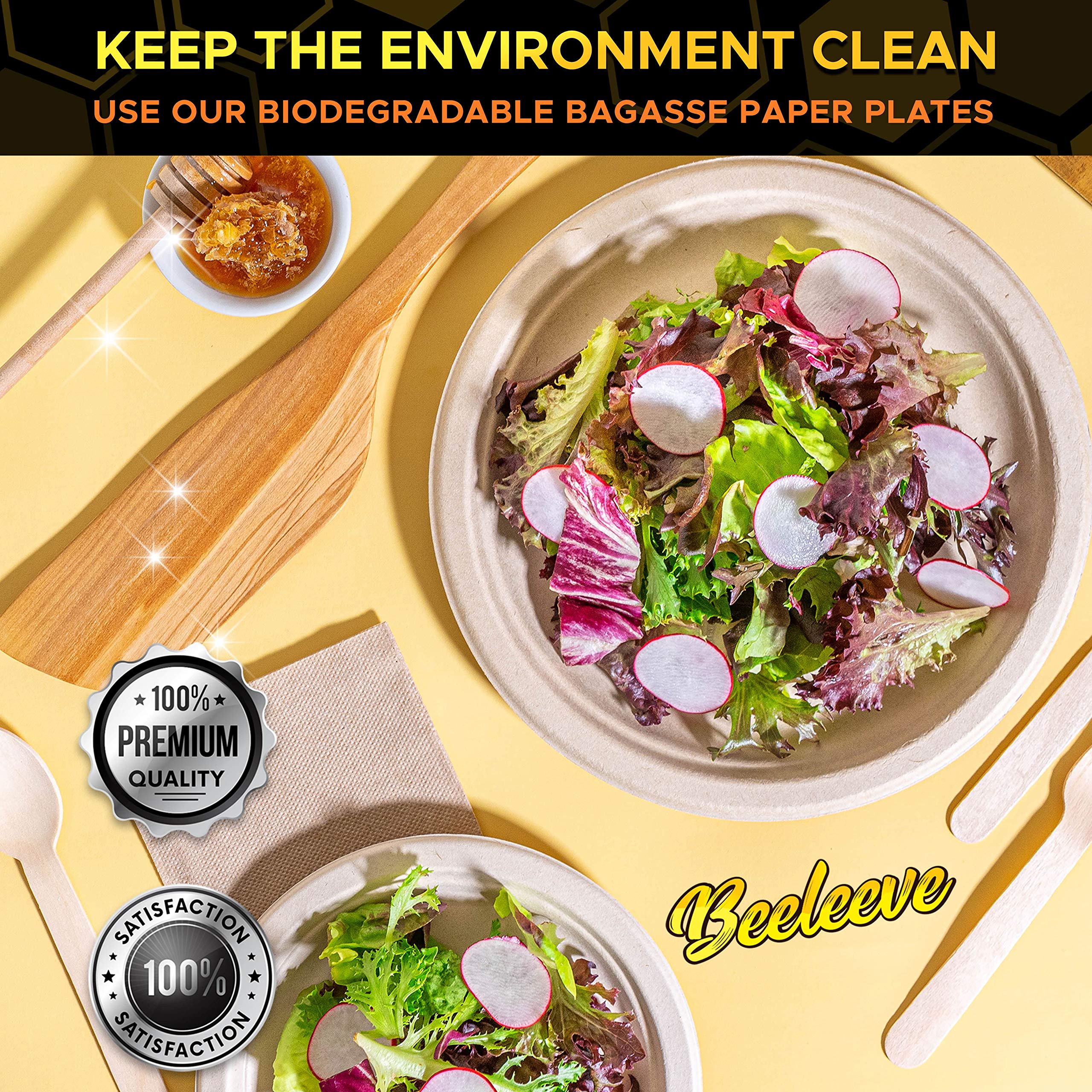 Beeleeve [125-Pack / 9-Inch 100% Compostable Disposable Round Bagasse Paper Plates - Biodegradable Sugarcane Fibre - Strong Heavy Duty Rigid Design - Sustainable & Food-Grade - Natural Brown Colour