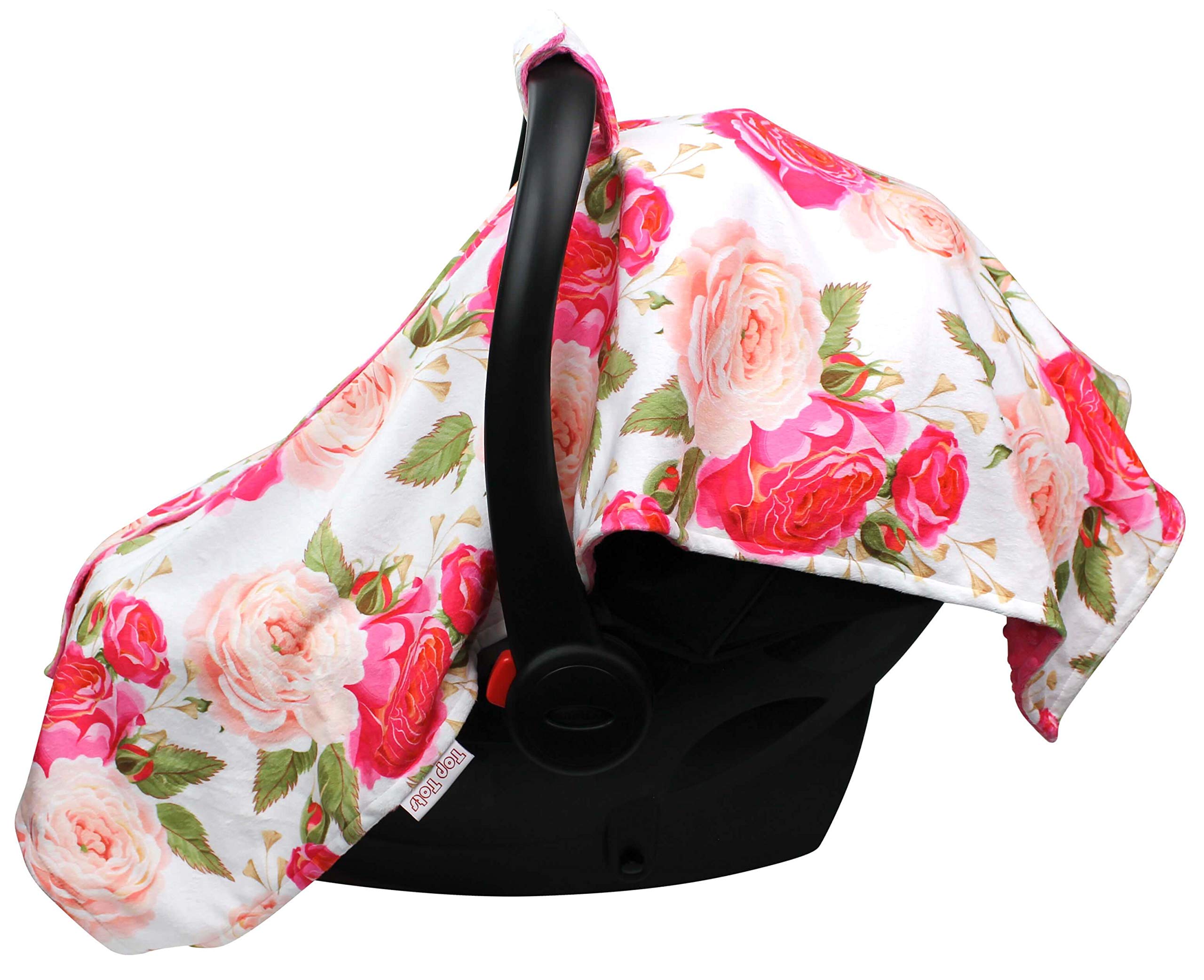Baby Car Seat Canopy Cover - Hot Pink on White Roses