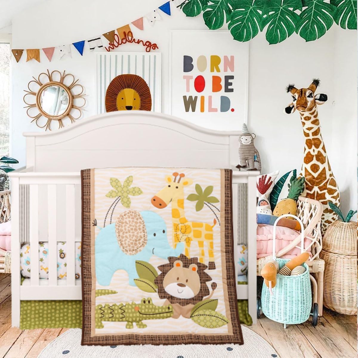 Brandream Jungle Crib Bedding Set for Boys Girls Safari Nursery Set - Elephant Lion Giraffe Animal Baby Comforter/Quilt, Fitted Crib Sheet, Crib Bed Skirt, 3 Pieces Green/Yellow/Mint/Taupe