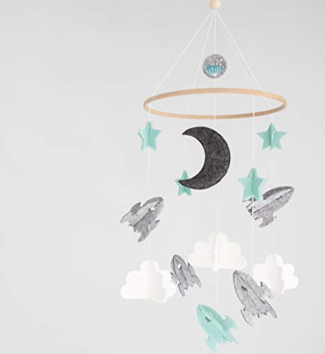 Baby Crib Mobile for Boys and Girls - Blue Baby Shower Gift Set Nursery Decor Starry Night Moon Star Cloud Rocket Space Unisex