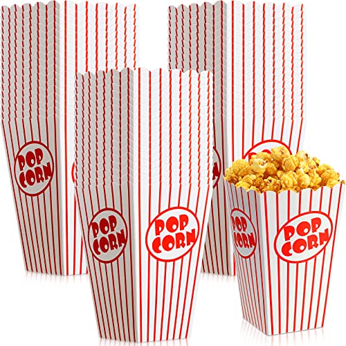 80 Pack Movie Night Popcorn Containers Popcorn Paper Boxes Bucket 6.3 Inch Tall Vintage Retro Style Red and White Striped Popcorn Boxes for Carnival Circus Party