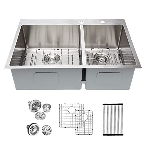 33 Kitchen Sink Drop In Double Bowl - Lordear 33"x22" Kitchen Sink Stainless Steel 16 Gauge Topmount Double Bowl 60/40 Kitchen Sink