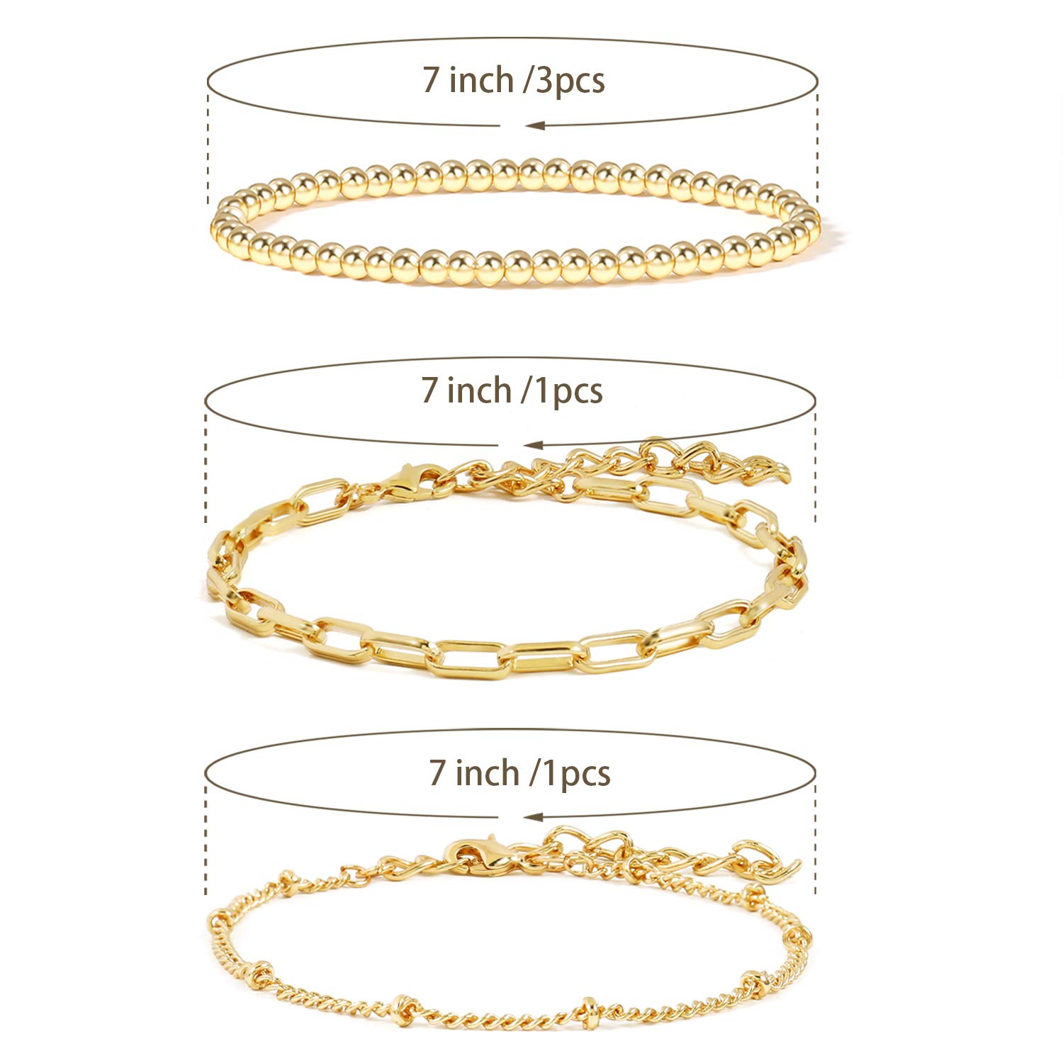 14K Gold Beaded Bracelets for Women,Dainty Gold Plated Chain Link Bracelet Stretchable Adjustable Bracelet(5PCS)……