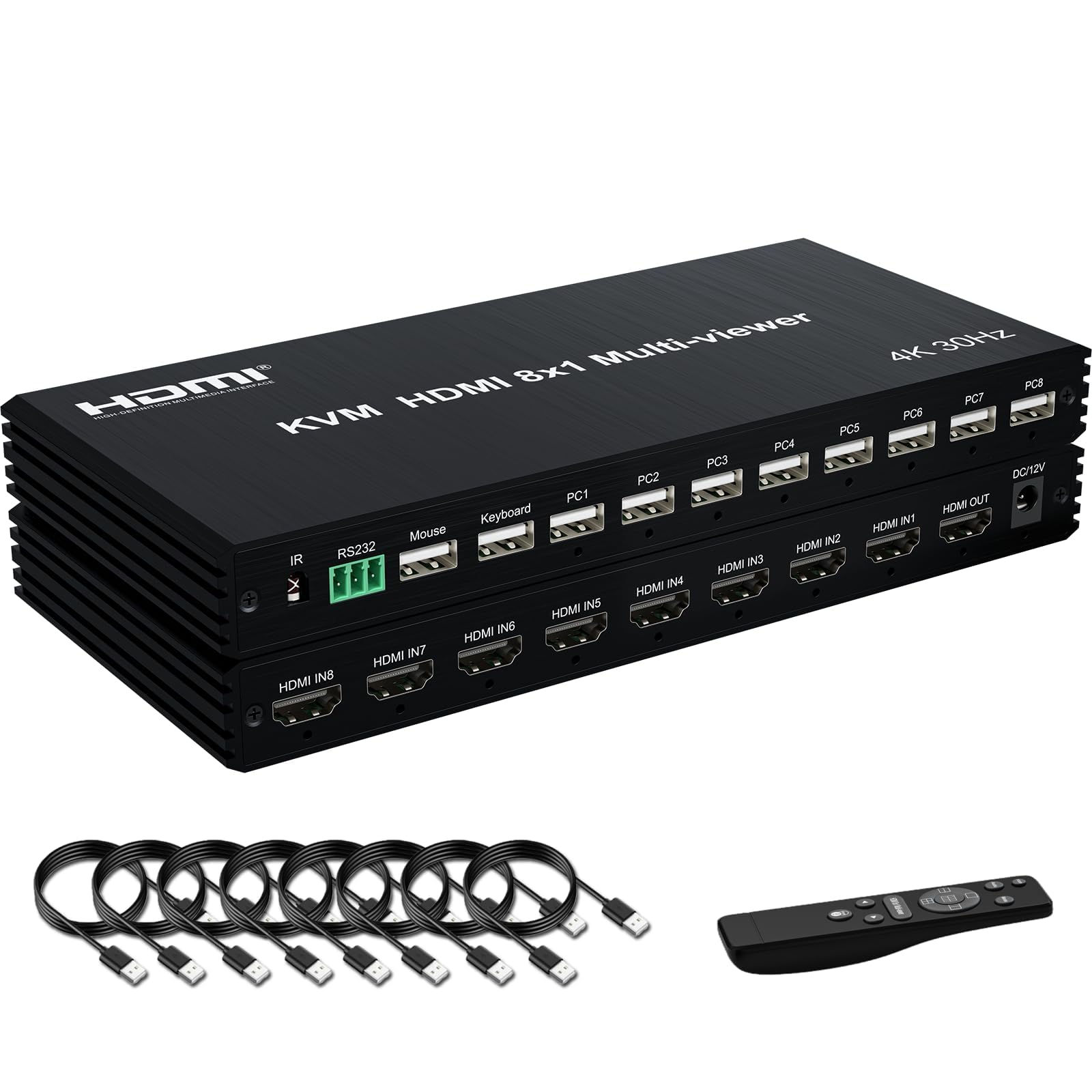 4K HDMI Switcher 8 in 1 Out with KVM, 4K Multi-Viewer with IR Remote and Button Switch, HDMI Splitter with 16 Modes Displays 1 Full Screen+15 Kinds Split Screen Modes, 2 USB Port for Keyboard/Mouse