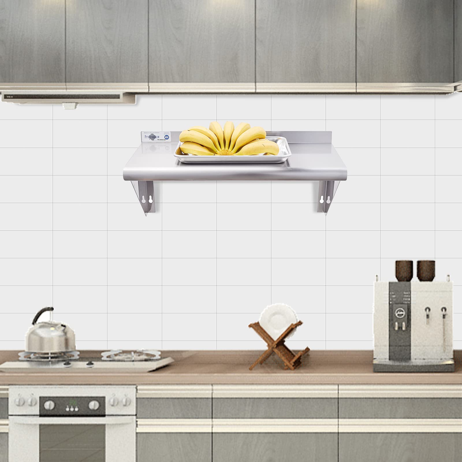 Profeeshaw NSF Stainless Steel Shelf 12β x 24β, 230 lb Commercial Shelves Wall Mounted Metal Shelving with Backsplash and 2 Brackets for Restaurant, Bar, Utility Room, Kitchen and Garage