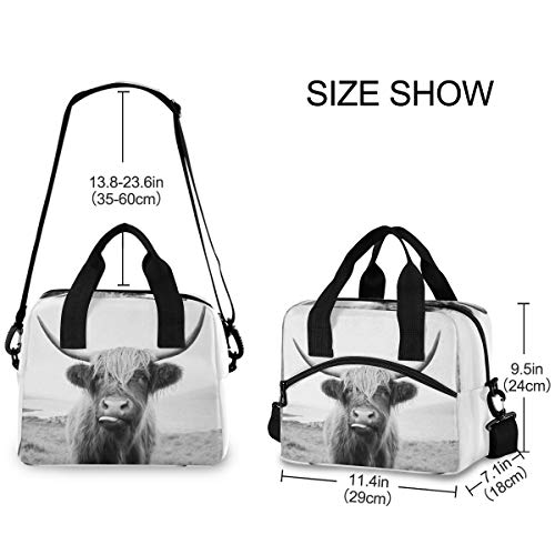 Blueangle Funny Scottish Highland Cow Portable Lunch Bag with Detachable Shoulder Strap, Insulated Cooler Thermal Reusable Bag Lunch Box Handbag