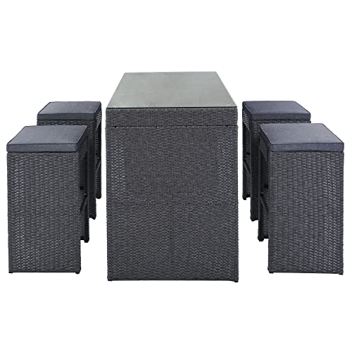 5-Piece Rattan Outdoor Patio Furniture Set Bar Dining Table Set with 4 Stools, Gray Cushion+Gray Wicker