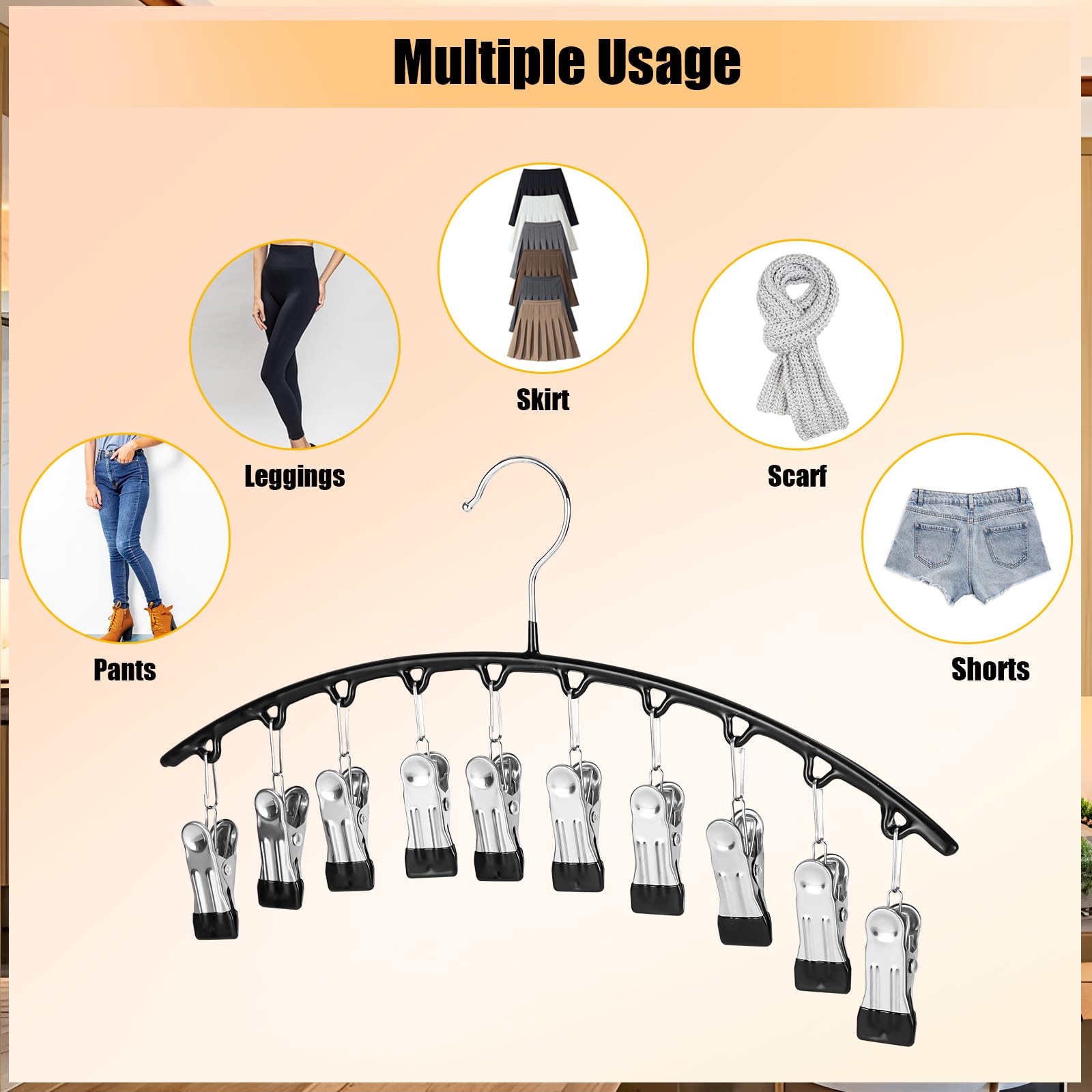 2 Pack Legging Organizer for Closet Hanging, Stainless Steel Clips Hangers for Pants with 10 Clips, Heavey Duty Legging Hangers for Closet Jeans Skirts Bras (Black)