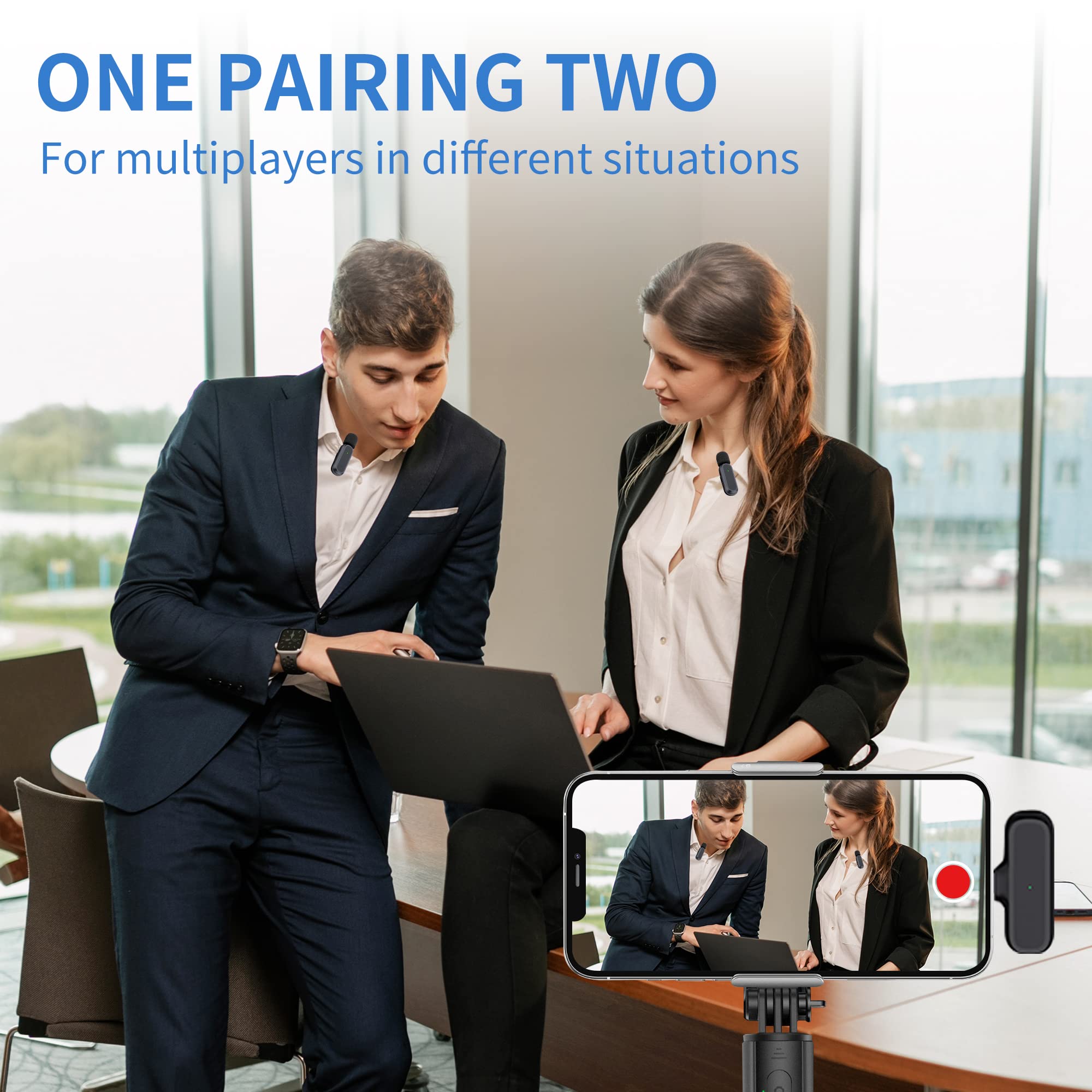 2 Pack Professional Wireless Lavalier Microphone for Android, iPhone iPad RGB Video Lights, LED Camera Light with Dual Stereo Microphone 360° Full Color Portable Photography Lighting
