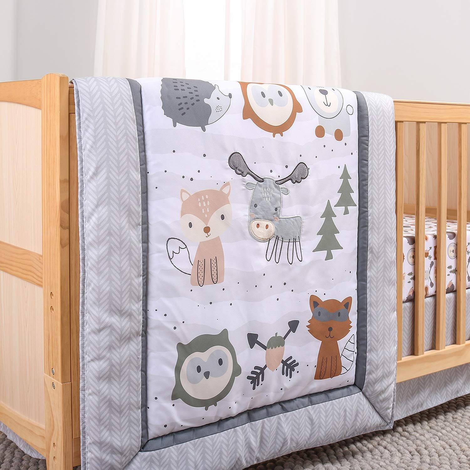 The Peanutshell Woodland Walk Crib Bedding Set for Boys or Girls | 3 Piece Nursery Set | Crib Quilt, Fitted Sheet, Crib Skirt