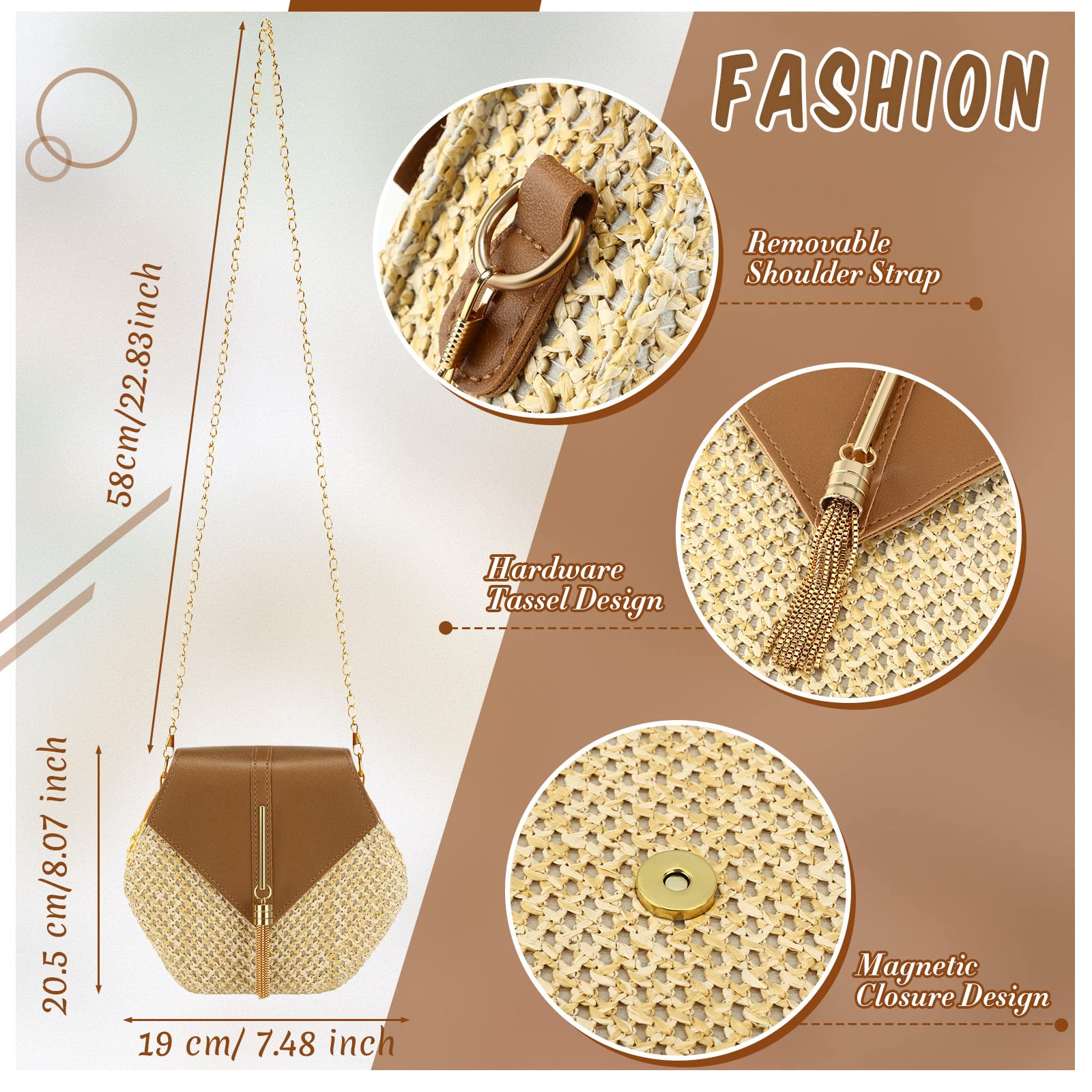 2 Pieces Straw Bag Straw Purse for Women Cute Crossbody Shoulder Bag Boho Woven Summer Vacation Beach Purse Hex Shape Straw Rattan PU Handbag Clutch (White, Brown)