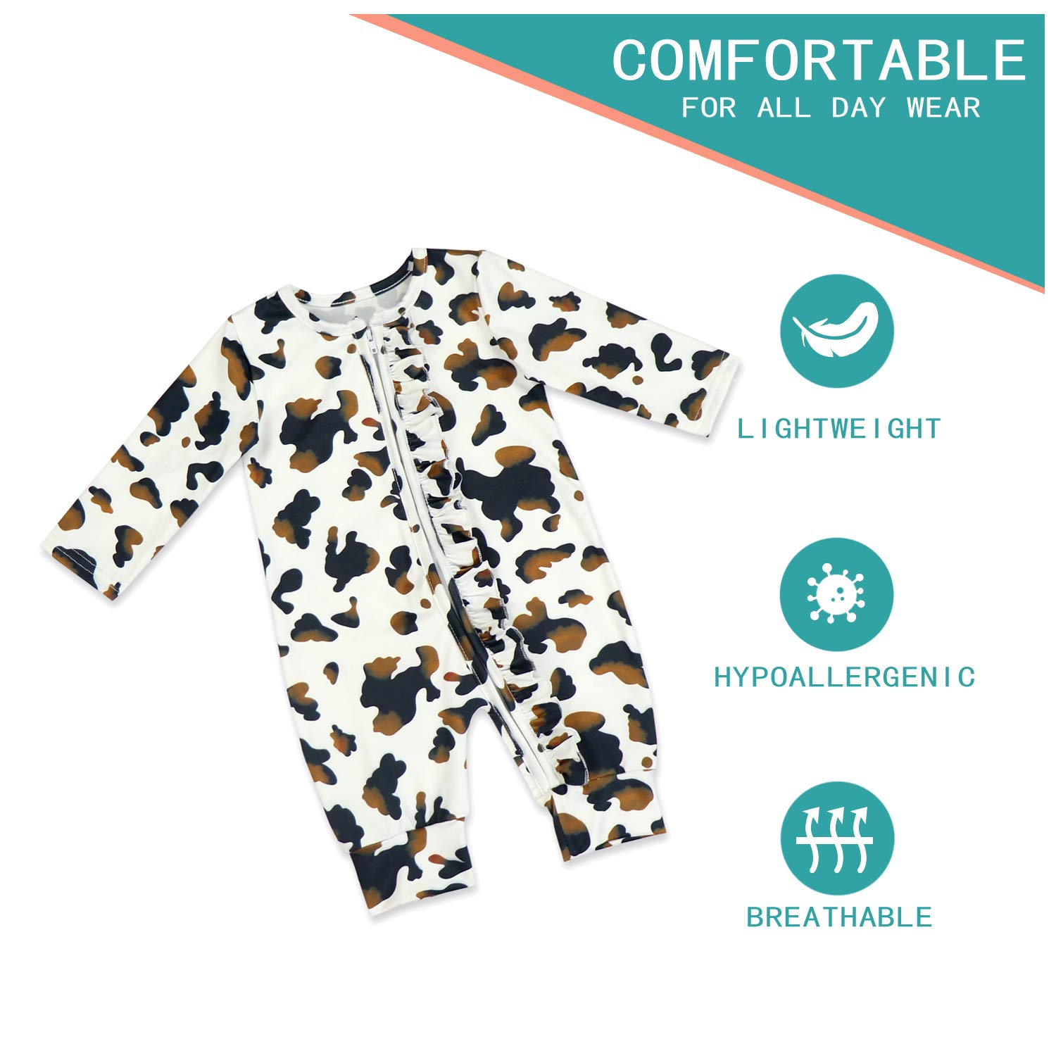 Newborn Baby Romper Clothes One Piece Toddler Unisex Creepers Romper ,Infant Tie Dye Print Zipper Front Kids Jumpsuit Rompers Clothes (Coffee Cow Print, 0～3Months)