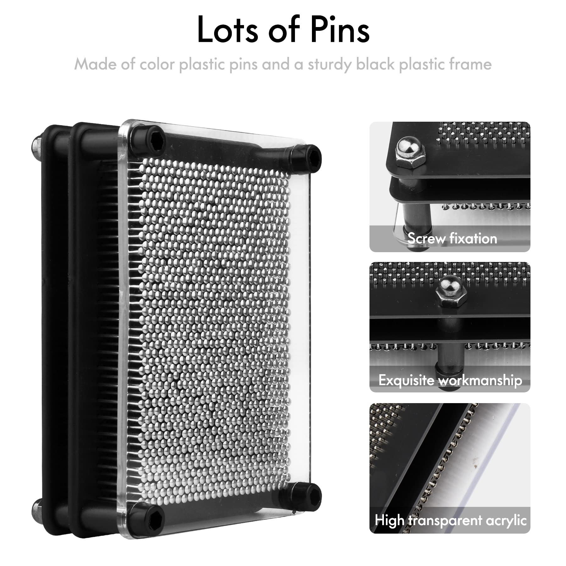 3D Pin Art Toy, Size 3.75” X 5” Unique Metal 3D Pin Art Board Impression Toy for Kids (Silver, Metal)
