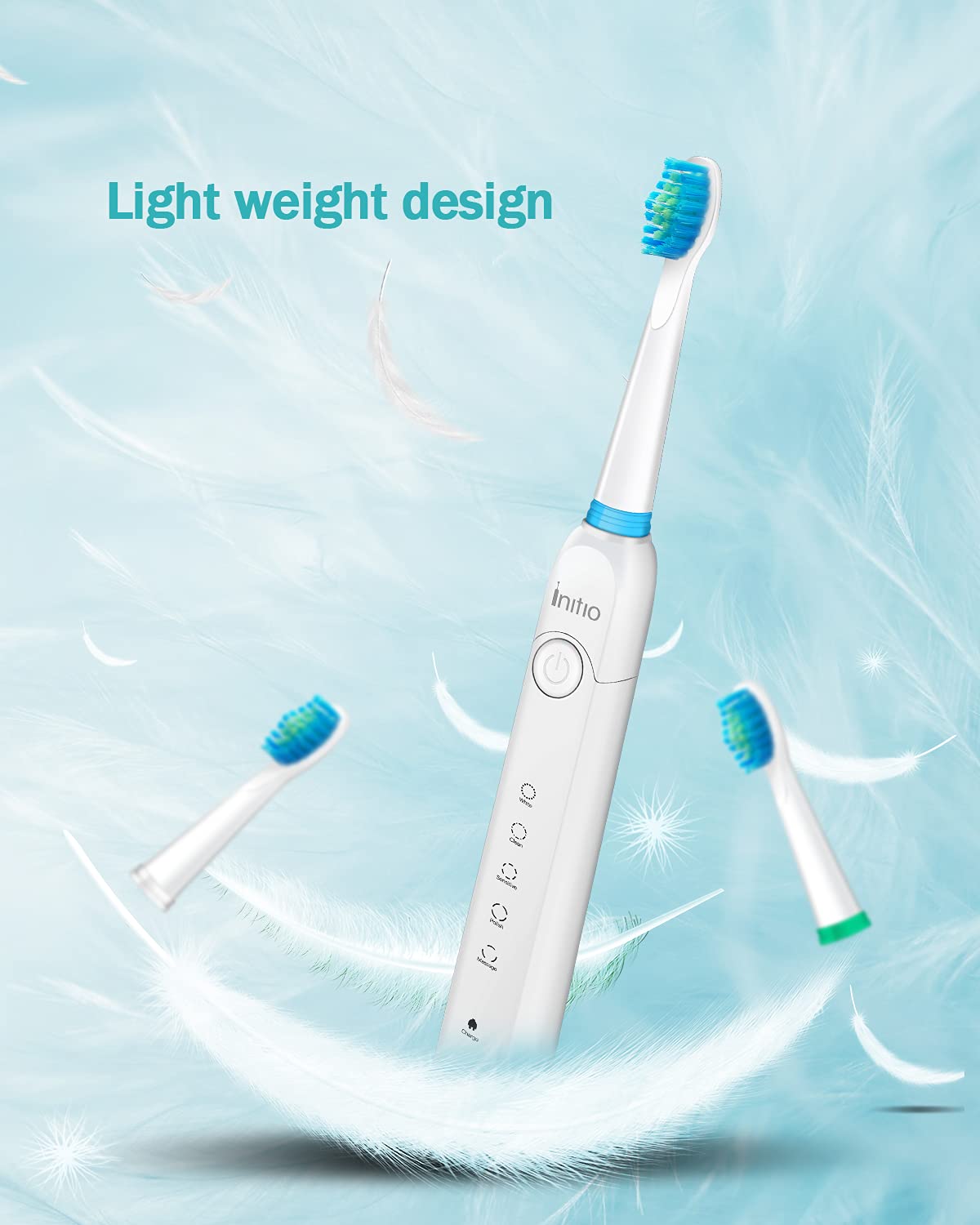 Initio Sonic Electric Toothbrush for Adults, Rechargeable Toothbrush with Smart Timer, 5 Modes, 3 Brush Heads, 40,000 VPM Motor, Whitening Power Toothbrush, IT959 (White)