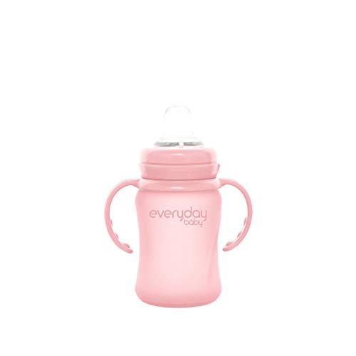 everyday baby Glass Sippy Cup with Silicone Sleeve, Spout, Drinking Handles, and Protective Cap - 150ml (5oz) - Rose Pink (for babies 6 months and up)