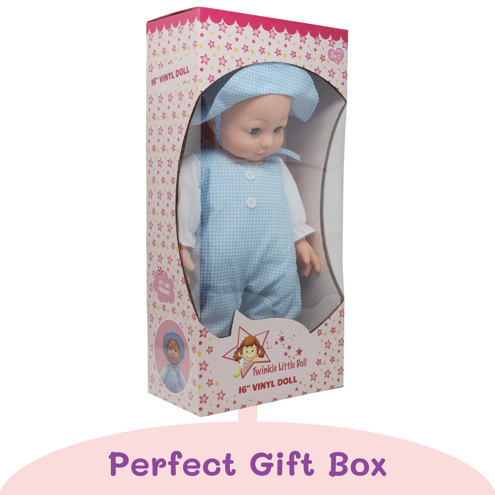 16 inch Realistic Baby Doll with Plush Body, Soft Vinyl Head & Extremities, Gingham Print Summer Outfit Bonnet Hat, Blinking Open & Close Eyes – Boxed 16” Kid’s Doll Gift for Toddler Girl, Boy (Pink)