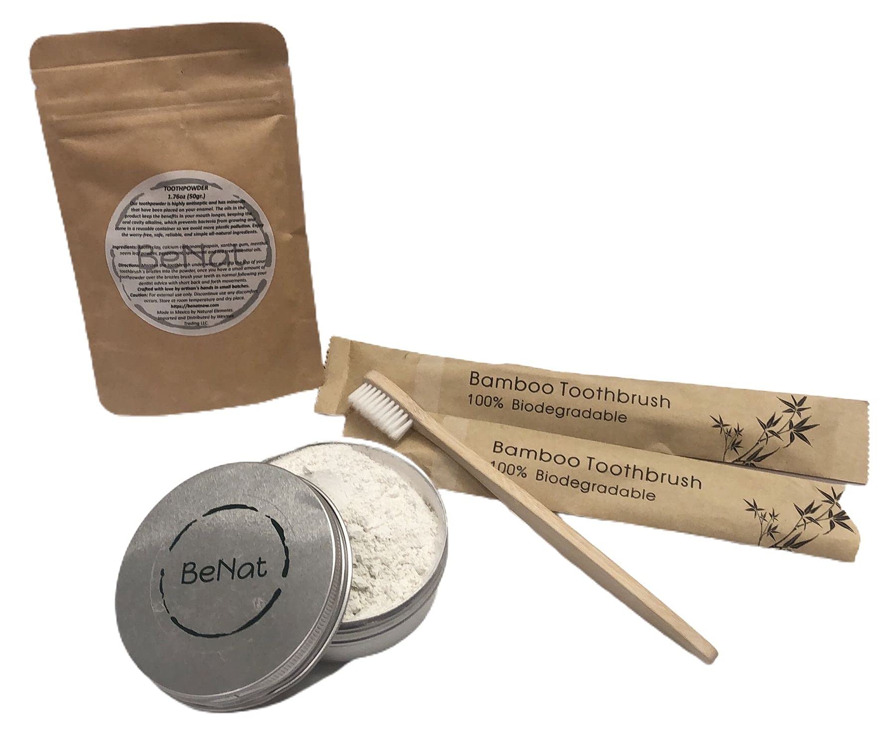 BeNat. Toothpowder Bundle. 3-Pack. Eco-Friendly. All-Natural. (1) Toothpowder in a Reusable Case, (1) Toothpowder Refill, (1) Bamboo Toothbrush.