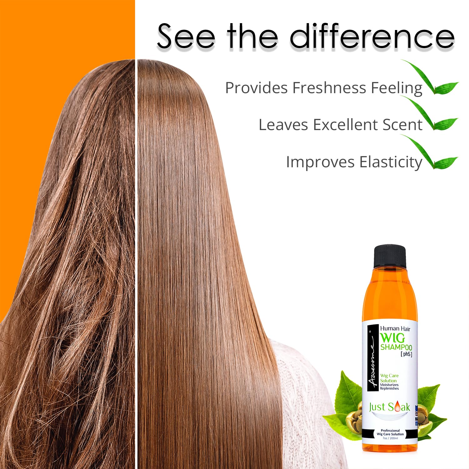 Awesome Human Hair Wig Shampoo, pH5, Wig Care Solution, Adds Body & Volume, Promotes Silkiness and Shine, Detangle Wig & Easy Combing, Provides Freshness Feeling (7 fl oz)