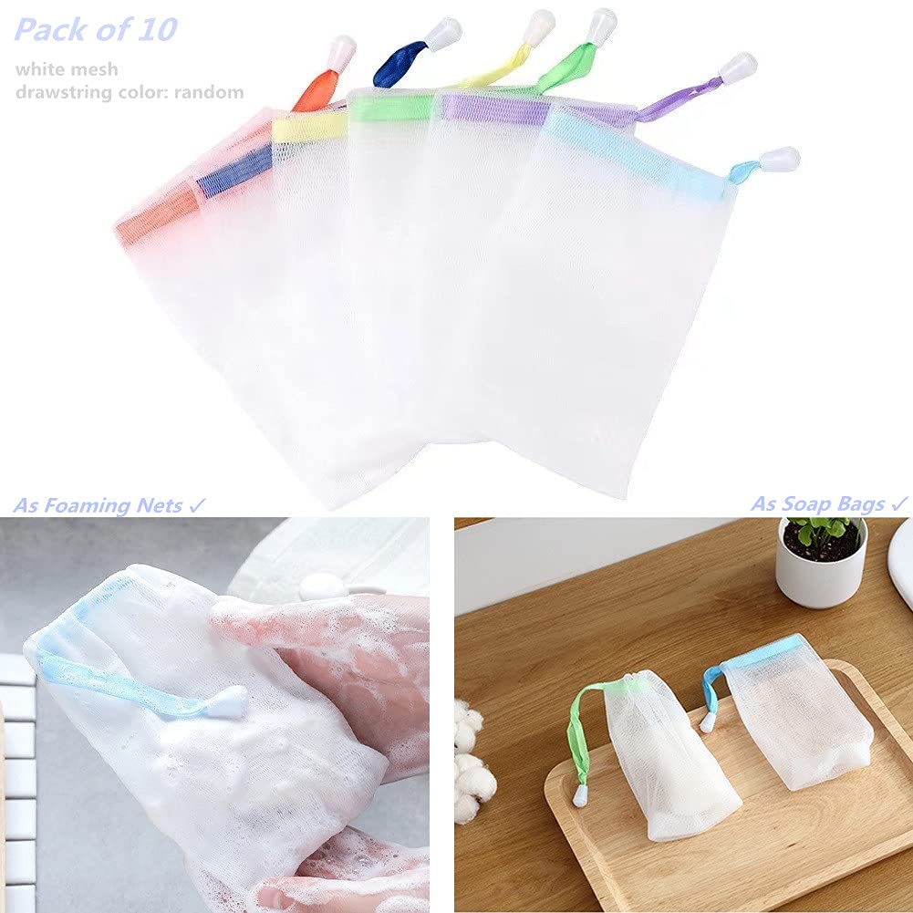 FULINJOY 10 PCS Exfoliating Mesh Soap Saver Pouch Bag Sack, Face Cleansing Foaming Nets, White Pouch with Drawstring (Color Random)