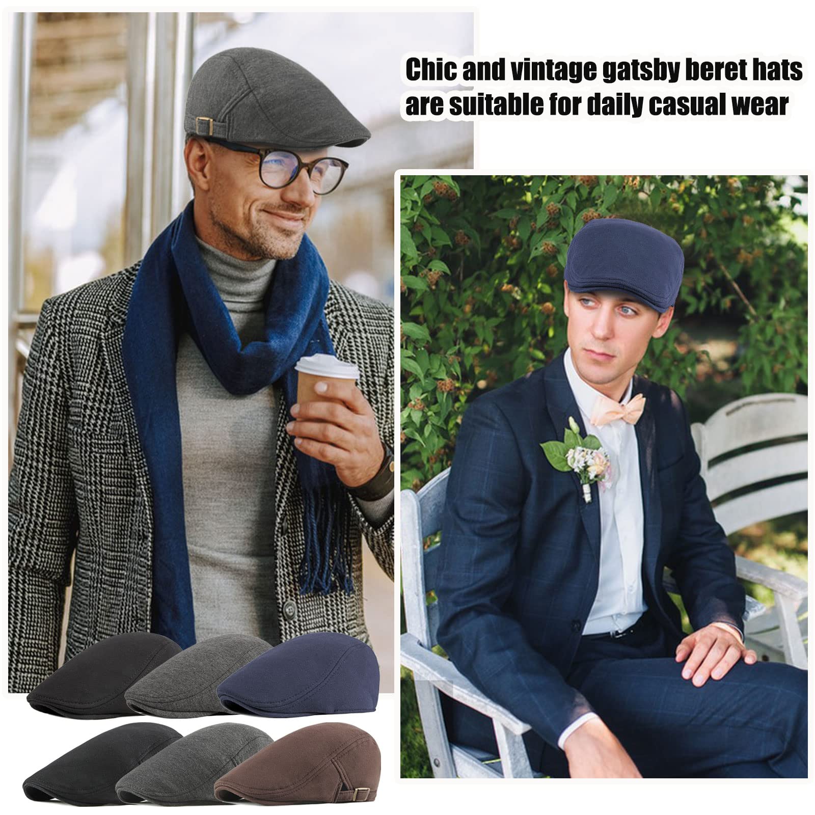 2 Pack Men Newsboy Hat Adjustable Cotton Gatsby Ivy Irish Cap Driving Hunting Golf Cabbie Caps Beret Hats (2 Pack- Black+Dark Grey-1)