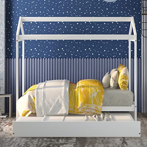 House Bed with Trundle for Kids and Toddlers, Wood Twin Size House Bed Frame, Can Be Decorated, White
