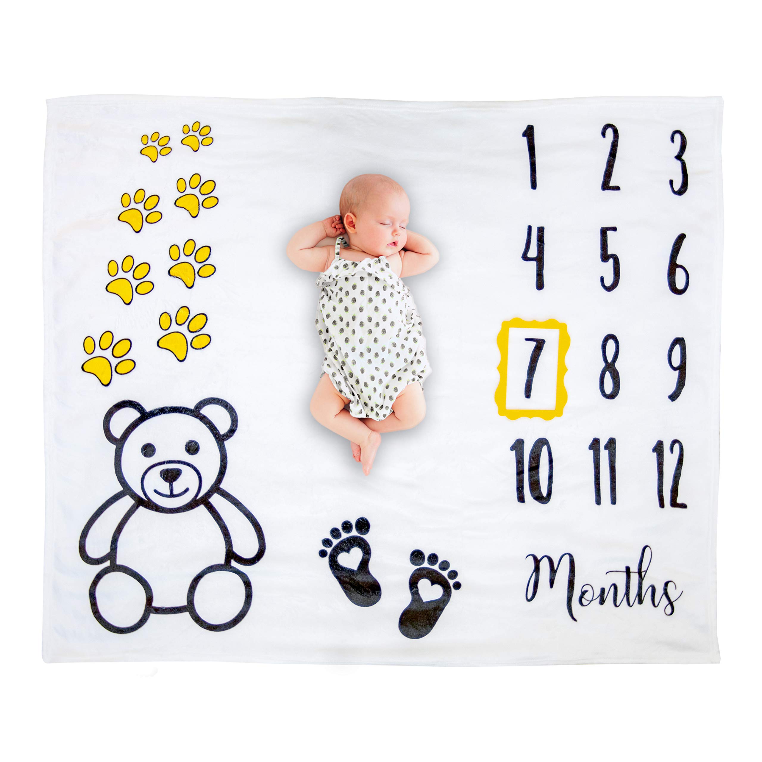 Baby Milestone Blanket for Baby Boy, Girl, Super Soft Teddy Bear & Paw Print Large Fleece, 47โ x 43โ, Includes Frame