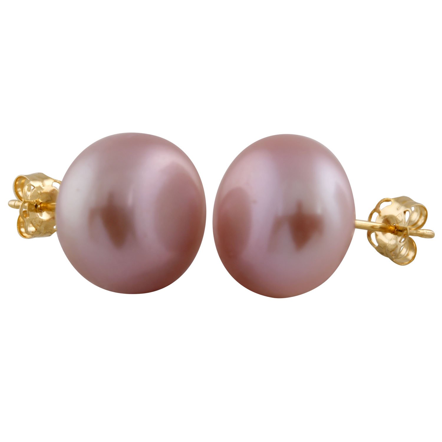 14K Gold Handpicked AAA Quality Button Natural Lavender Purple Freshwater Cultured Pearl Stud Earrings Set for Women