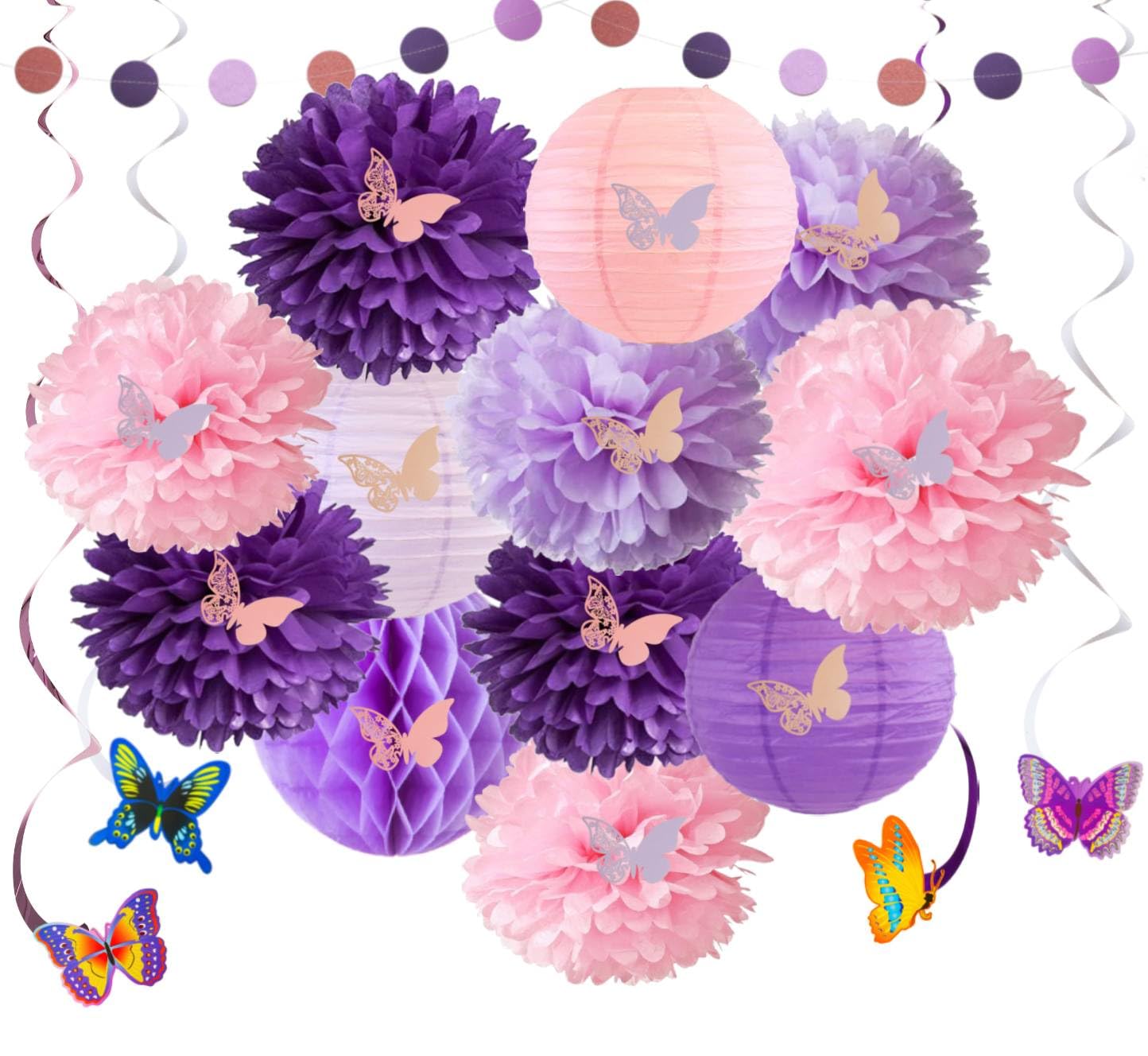 29 PCS Pink and Purple Party Decorations Set, Tissue Paper Pom Poms Paper Lanterns Honeycomb Balls Circle Dots Garland Butterfly Hanging Swirl Butterfly Decorations for Bridal Showers