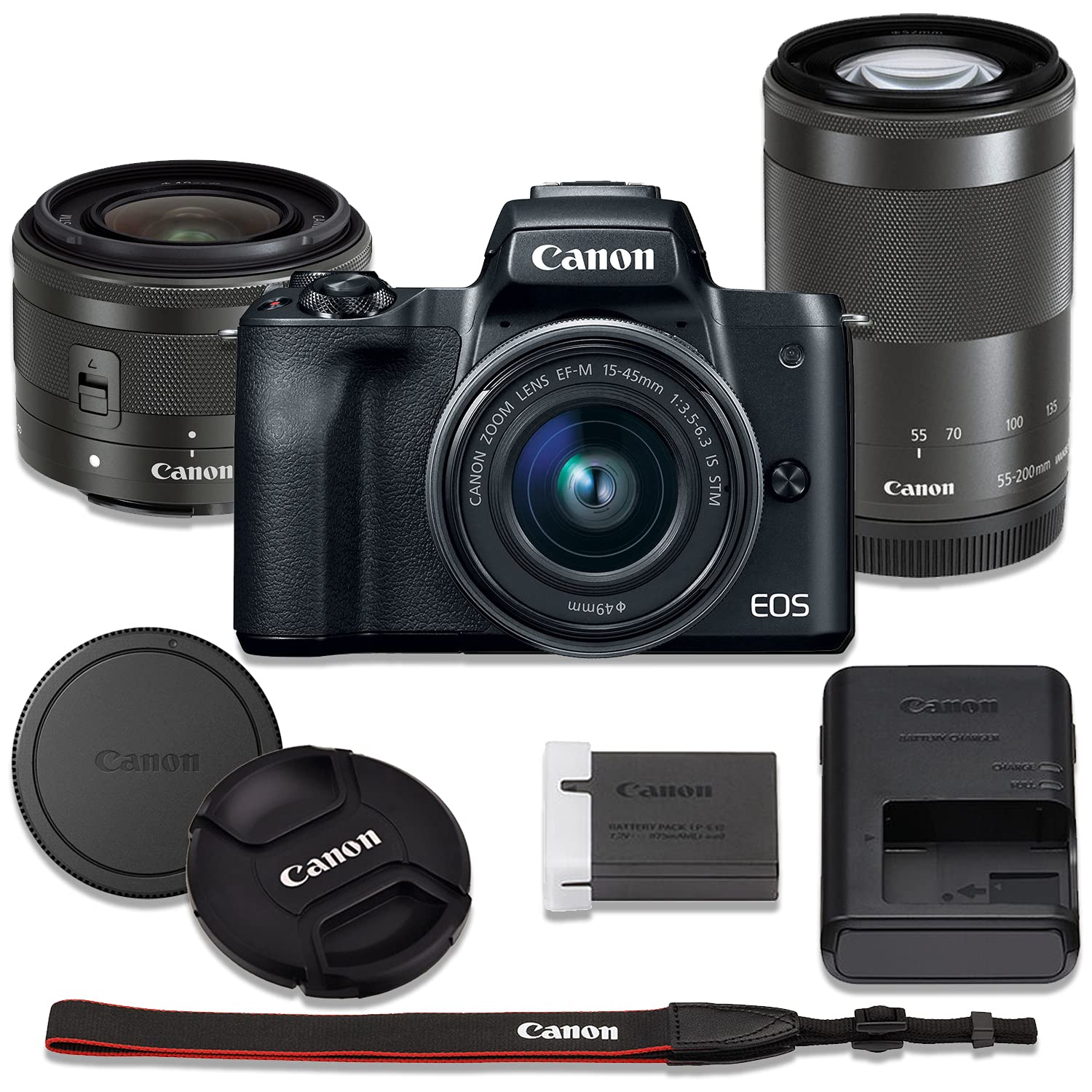 Canon EOS M50 Mirrorless Digital Camera Bundle + 15-45mm & 55-200mm Lenses (Black) - 2680C021