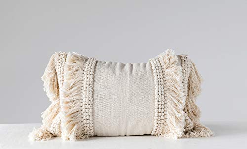 Creative Co-Op Creative Co-Op Cotton and Chenille Woven Lumbar Pillow with Fringe, Cream