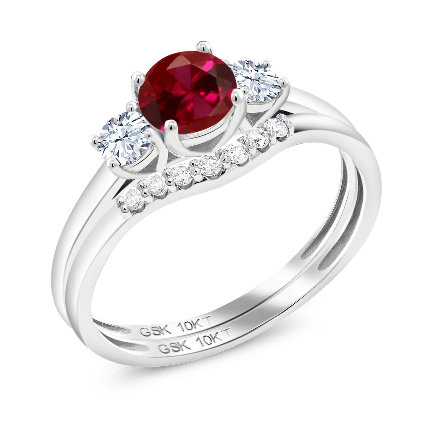 10K White Gold Red Created Ruby and White Created Sapphire and White Lab Grown Diamond 3-Stone Bridal Engagement Wedding Ring Set For Women (0.93 Cttw, Gemstone July Birthstone, Round 5MM, Size 6)