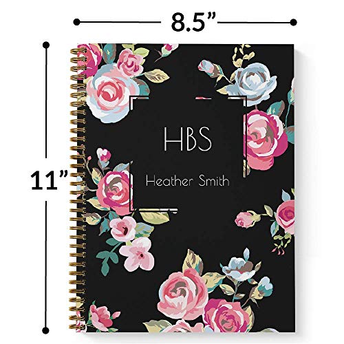 Bold Blooms Personalized Notebook/Journal, Laminated Soft Cover, 120 pages of your selected paper, lay flat wire-o spiral. Size: 8.5” x 11”. Made in the USA