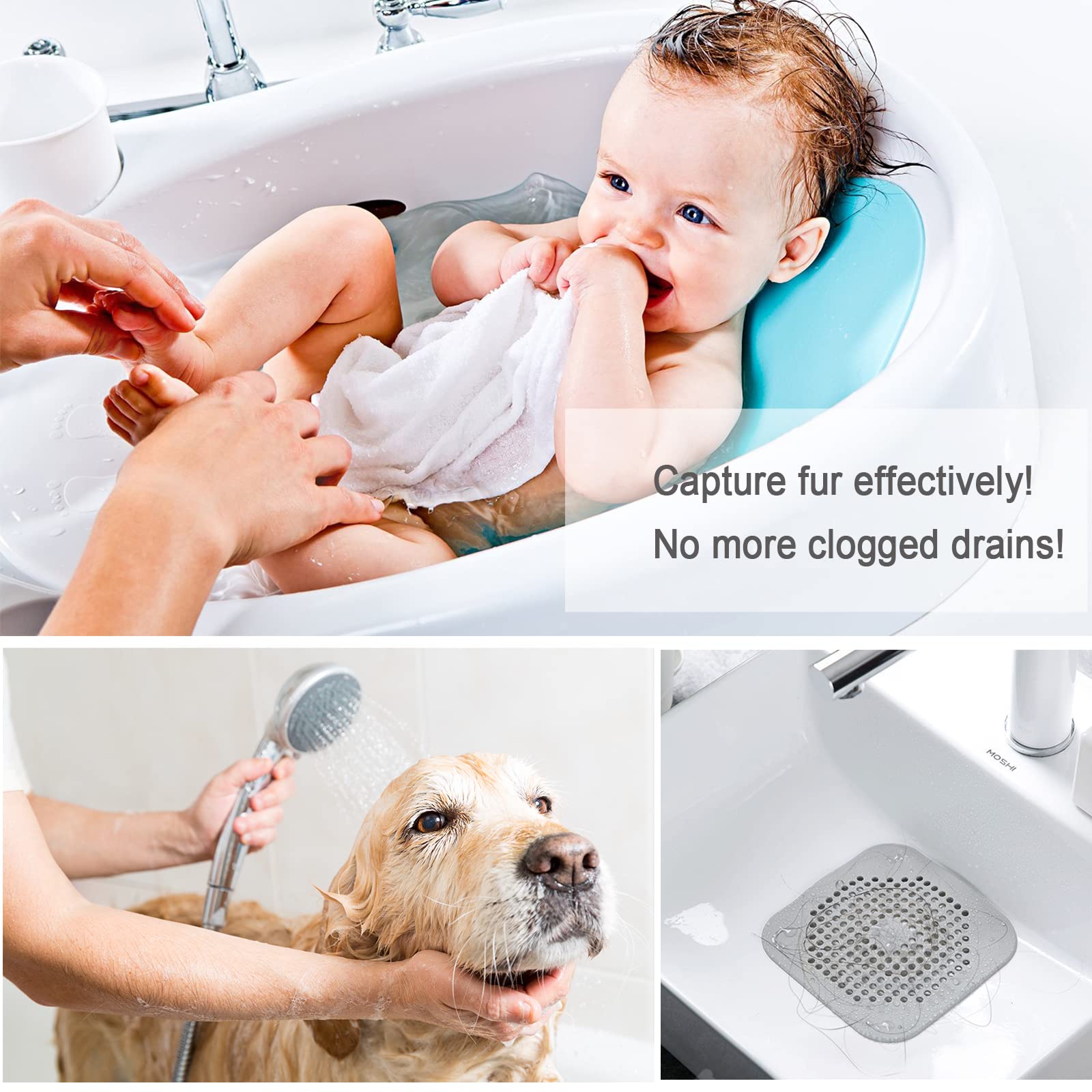 2 Pack Shower Drain Hair Catcher-Square 5.7 Inch Flat Durable Silicone Drain Hair Catcher, Shower Drain Hair Catcher with Suction Cups Easy to Install Bathroom,Bathtub,Kitchen (Gray)