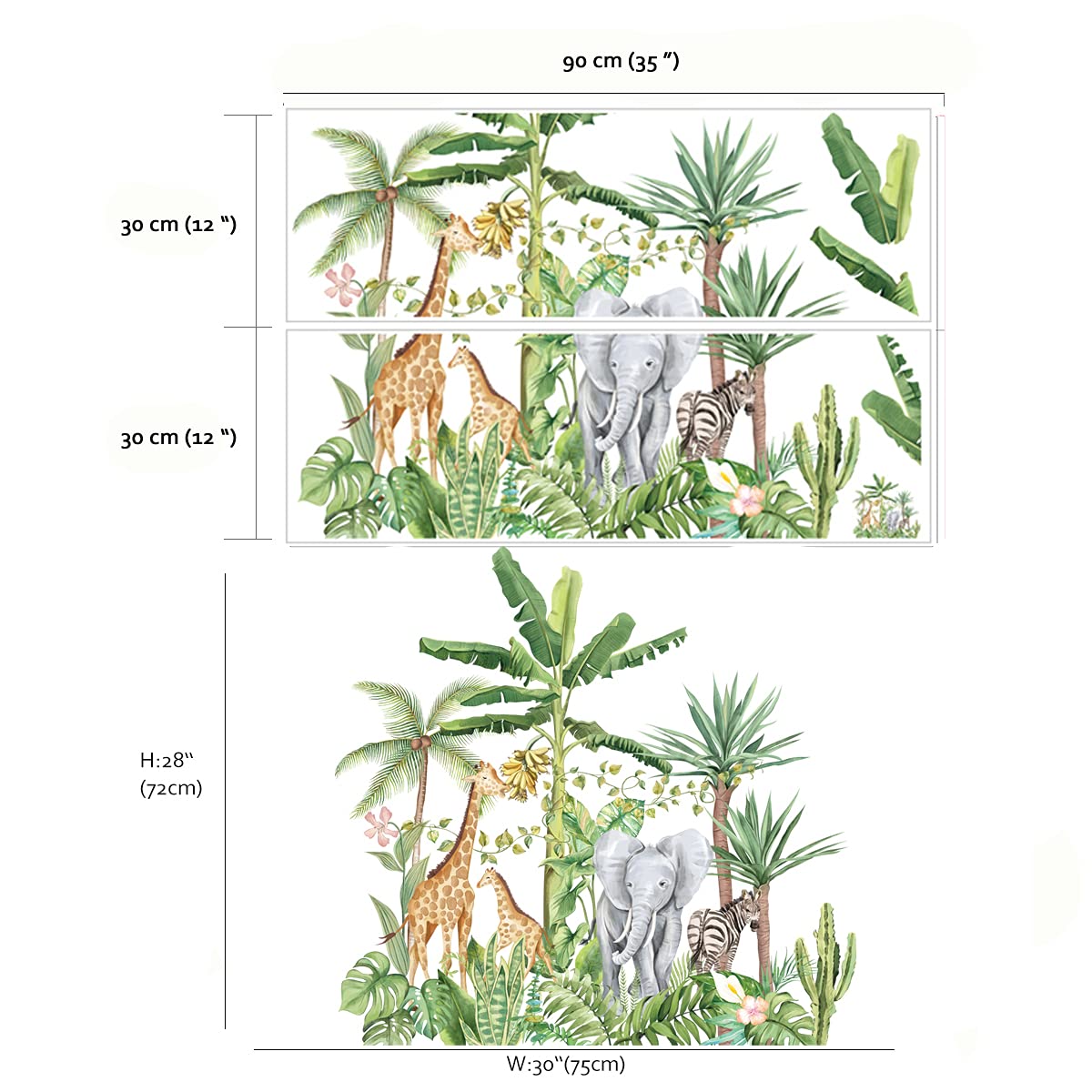 Runtoo Tropical Jungle Animal Wall Decals Giraffe Elephant Plants Wall Stickers Kids Room Bedroom Wall Decor