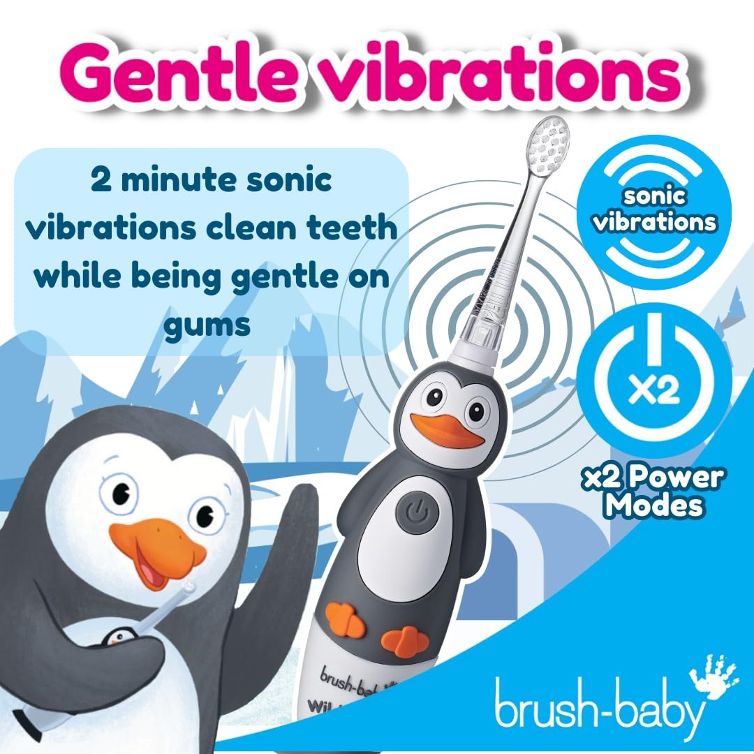 brush-baby WildOnes Kids Electric Rechargeable Toothbrush Penguin, 1 Handle, 3 Brush Heads, USB Charging Cable, for Ages 0-10 (Penguin)