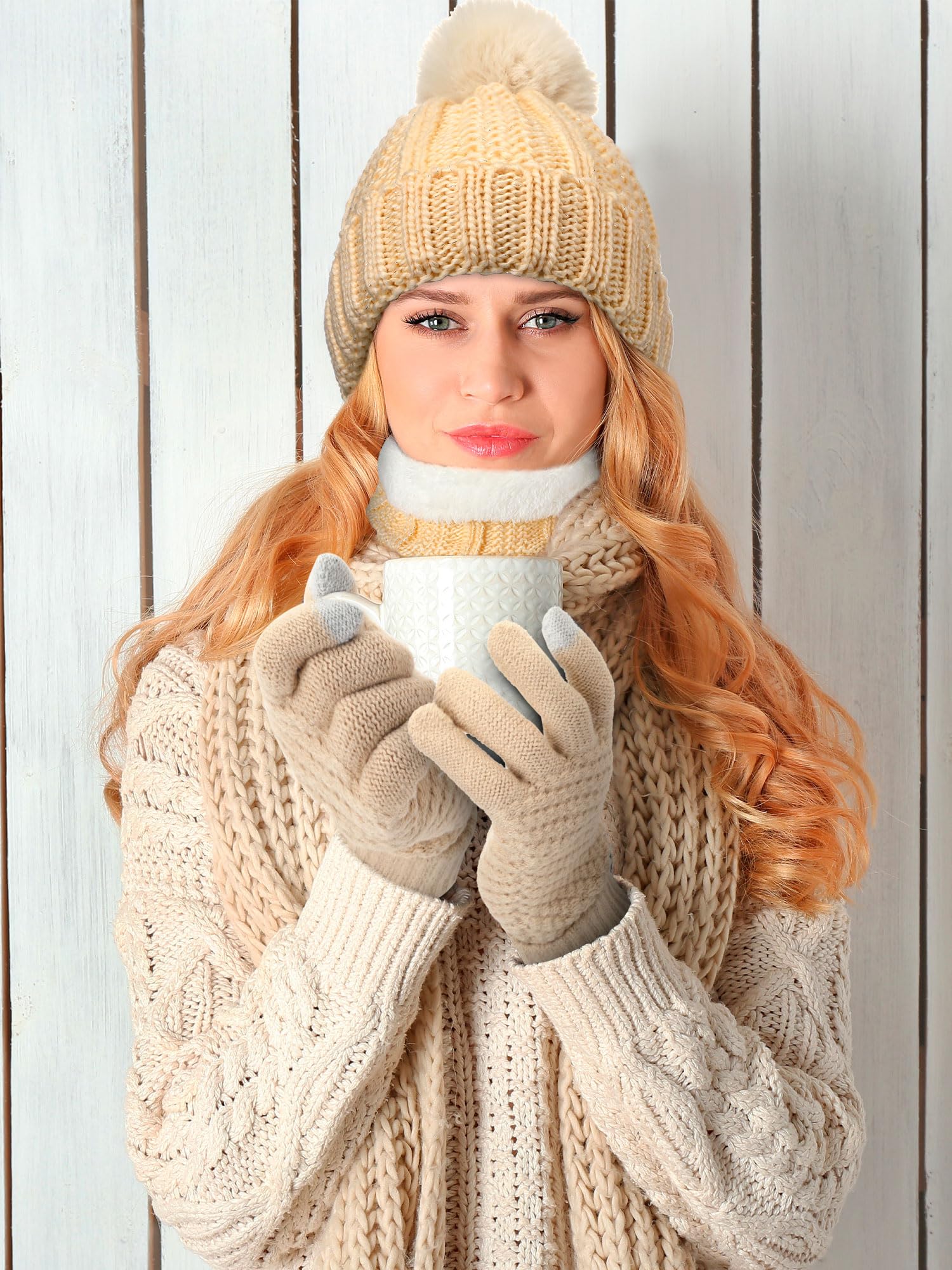 12 Pcs Winter Beanie Hat Scarf Touchscreen Gloves Set Fleece Lined Knit Beanie Hat Neck Warmer Scarf for Men Women (Black, White, Beige, Gray)