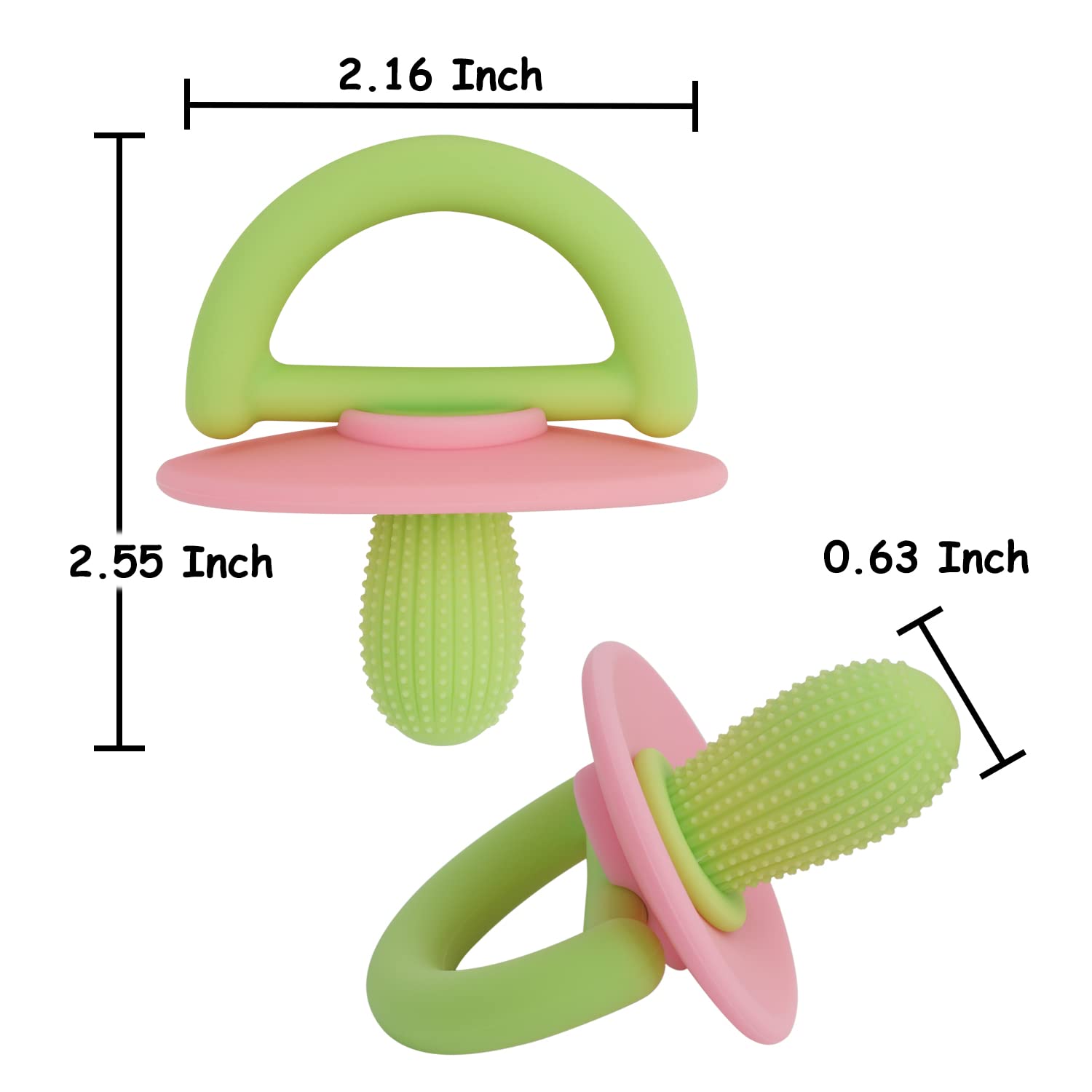 2 Pack Silicone Pacifier Teether, Baby Pacifier Chew Toys, Hands-Free Teething Toys for Babies 0-6, 6-12 Month, Teething Relief Pacifier, Freezable & Chewable Soothes Sore Gums. (2 Pink)