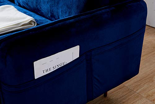 JULYFOX Blue Velvet Fabric Sofa Couch, 71 inch Wide Mid Century Modern Living Room Couch with Side Storage Fashion Golden Legs for Small Spaces